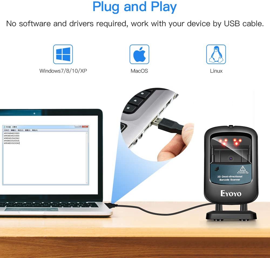 Eyoyo EY-2200C 2D Hands-Free Barcode Scanner, Omnidirectional USB Wired ...